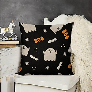Halloween Cartoon Ghost Bats Throw Pillow Covers 18×18 Pillowcases Set of 2 Spider Boo Linen Decorative Square Pillow Case Cushion Covers Standard Size for Sofa Couch Outdoor Bed Pillow Protectors