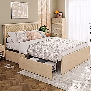 Yechen Queen Bed Frame with Natural Rattan Headboard and Wooden 4 Storage Drawers, Metal Platform with Strong Wooden Slats Support, Boho Cane Bed Mattress Foundation, No Box Spring Needed