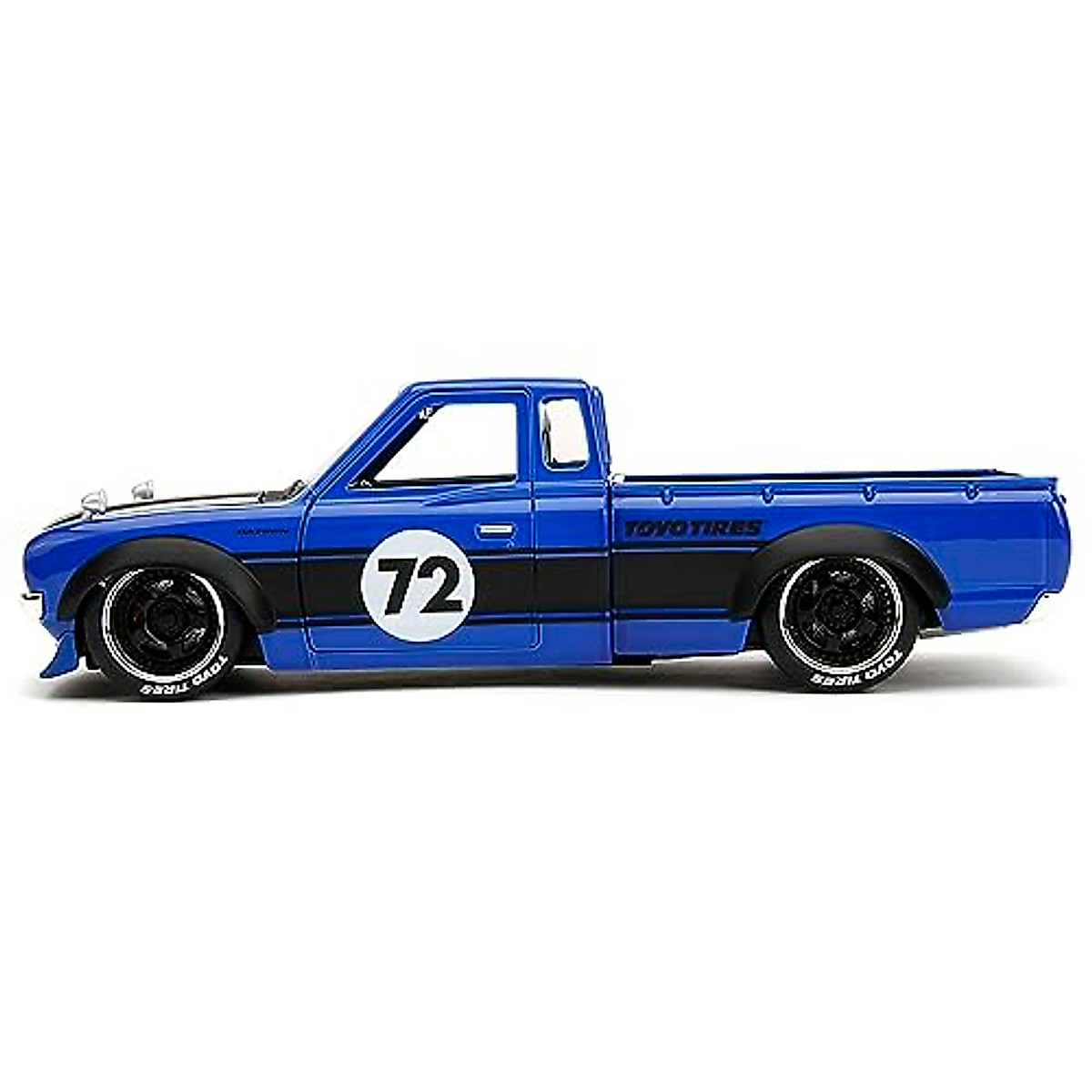 1972 Datsun 620 Pickup Truck #72 Blue Metallic with Black Stripes and Hood Toyo Tires with Extra Wheels Just Trucks Series 1/24 Diecast Model Car by Jada 34193