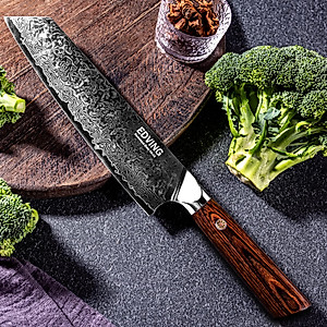 EDVING Chef Knife 8 Inch Damascus Japan VG-10 Super Stainless Steel Professional High Carbon Super Sharp Kitchen Cooking Knife, Ergonomic Color Wooden Handle Luxury Gift Box (8" Chef's Knife, Wood)