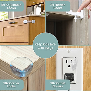 Inaya Complete Baby Proofing Kit - Child Safety Hidden Locks for Cabinets & Drawers, Adjustable Safety Latches, Corner Guards and Outlet Covers - Baby Proof Pack to Keep Your Child Safe at Home
