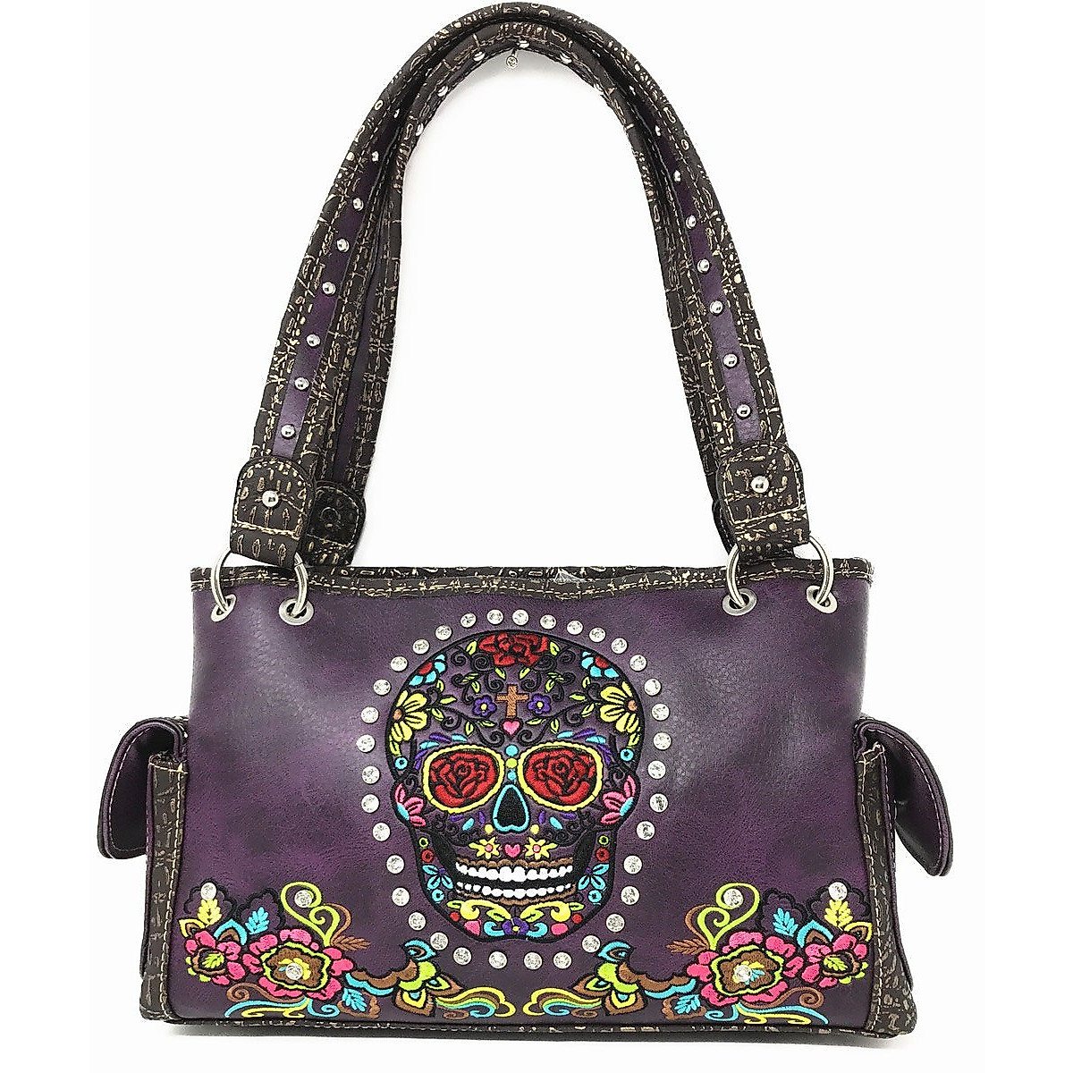 Texas West Women's Embroidered Sugar Skull Handbag Purse Wallet Set in Multi Color (Purple)