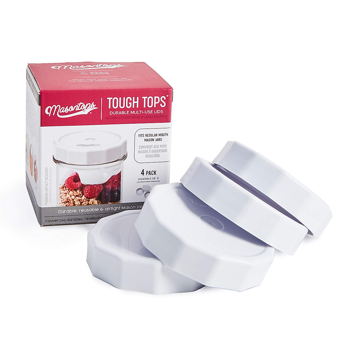 Masontops Tough Tops - Ball Regular Mouth Mason Jar Lids Plastic Leakproof - BPA-Free White Plastic Mason Jar Lids - Reusable Dry Canning Lids fit Ball Jars (Ball Mason Jars not included)
