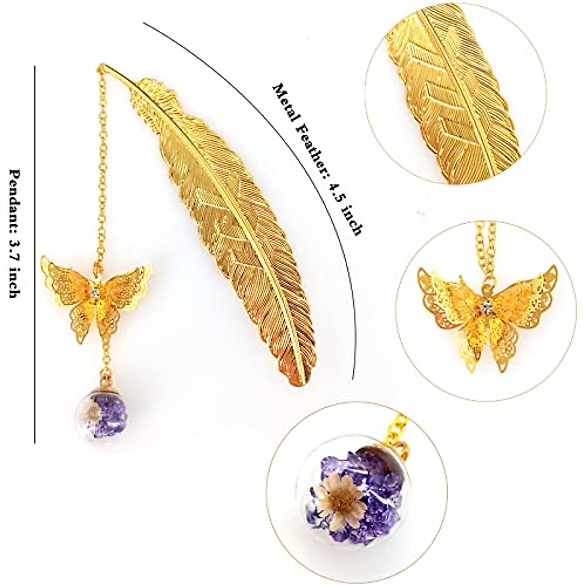 Metal Feather Bookmark, Vintage Book Marks with 3D Butterfly and Glass Beads Dry Flower Pendant, Mother's Day, Graduation Season for Women, Men Book Lovers Creative Gifts Bookmarks-Gold