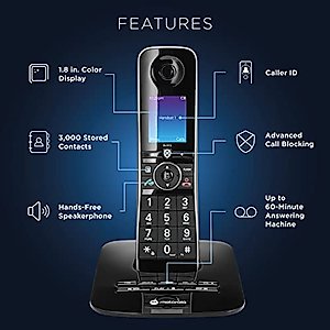 Motorola Voice D8711 Cordless Phone System w/Digital Handset + Bluetooth to Cell, Answering Machine, Call Block - Black