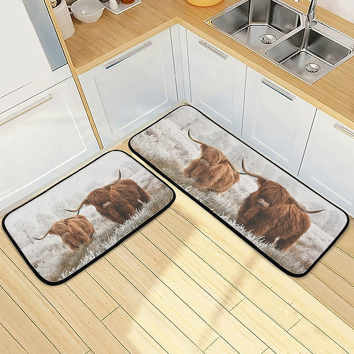 JUNZAN Scottish Highland Cow Kitchen Rugs and Mats Set of 2 Non Slip Anti Fatigue Runner Rug for Farmhouse Laundryroom Bathroom Home Western Decor Floor Mat