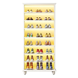 LITTLE TREE 69" Tall Shoe Storage Cabinet with LED Lighting, 9-Tier 30 Pairs Freestanding Shoes Display Cabinet with Solid Wood Legs for Entryway, White