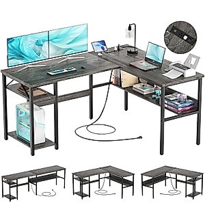 Hyomdeck Reversible L Shaped Gaming Desk with Power Outlets and USB Charging Ports, Sturdy Computer Desk with Storage Shelf, Modern Corner Desk Home Office Table, Easy to Assemble, Gray Oak