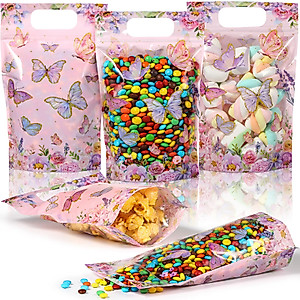 Windyun 50 Pcs Butterfly Zip Lock Bags Stand up Butterfly Theme Pouch Bags Resealable Butterfly Sealing Gift Bags with Transparent Window and Handles for Butterfly Theme Birthday Party Supplies Decor