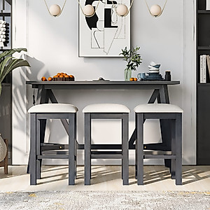 Bellemave Sofa Table with Stools and Outlet Kitchen Bar Height Table and Chairs Console Table with 3 Upholstered Stools 4 Piece High Top Long Dining Table Set, Gray
