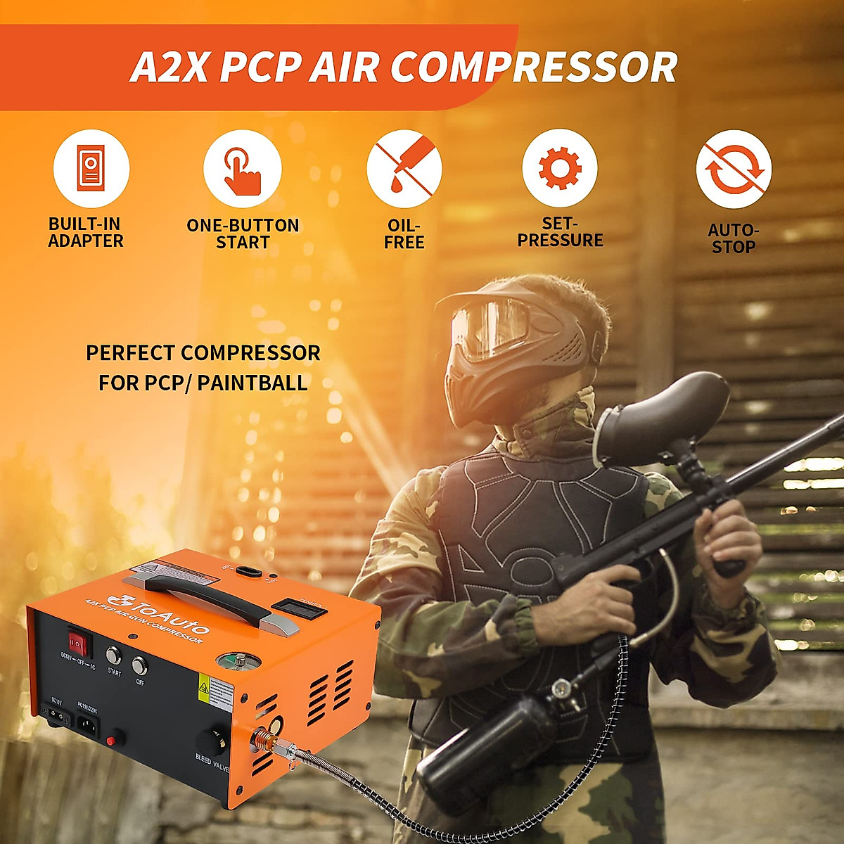 TOAUTO A2X Upgraded PCP Air Compressor, One Button Start, Auto-Stop, Portable 4500Psi/30Mpa, Oil/Water-Free, HPA Compressor for Paintball/PCP Air Rifle/Scuba Tank,Powered by Home 110VAC or Car 12VDC