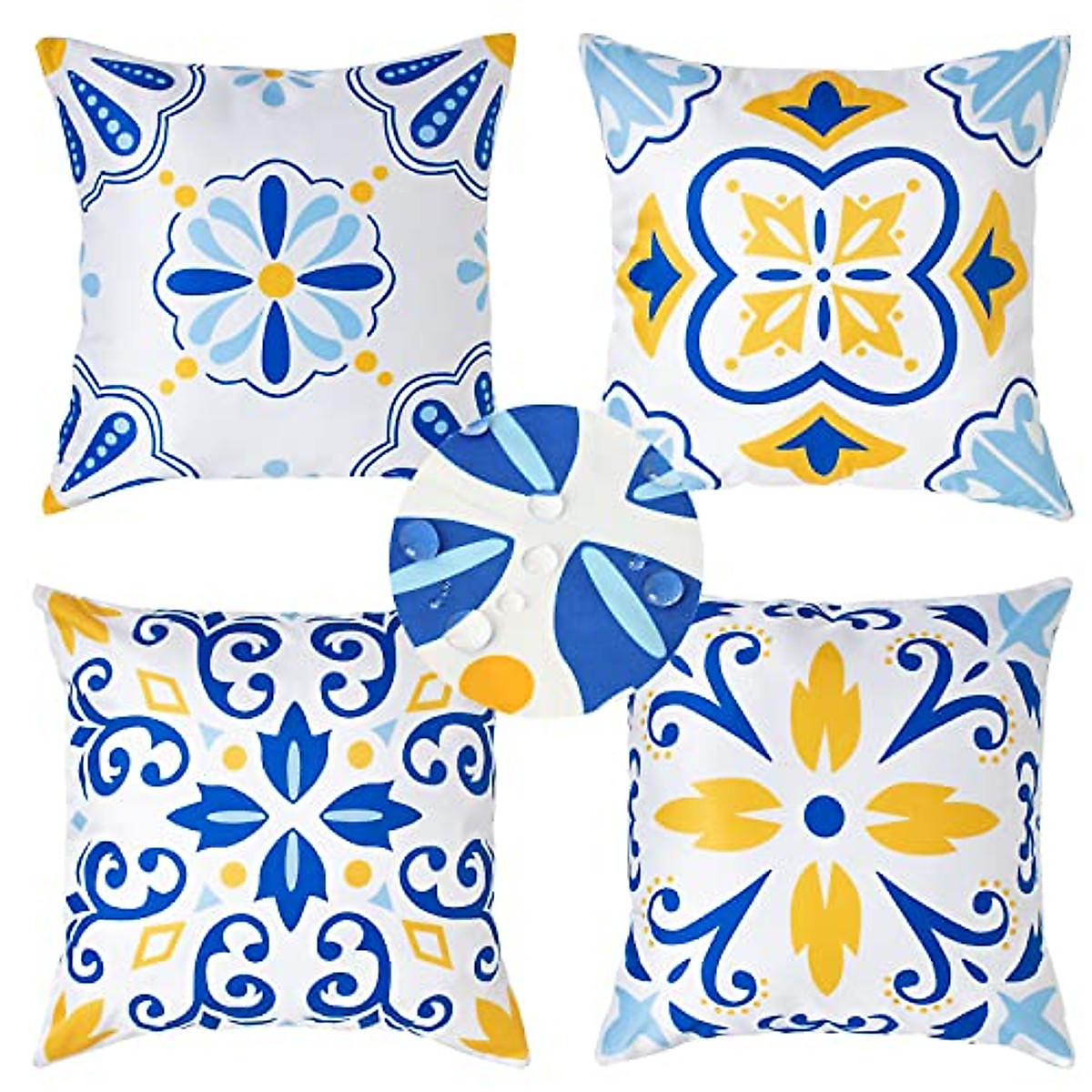 cygnus Outdoor Pillow Covers 18x18 Waterproof Patio Pillows Boho Flower and Colorful Stripe Summer Outside Pillows for Funiture Garden Picnic Set of 4,Blue and Yellow
