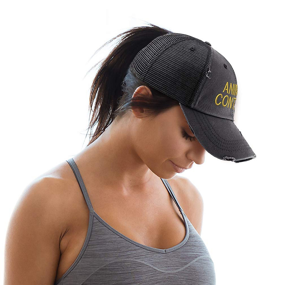 Womens Ponytail Cap Animal Control Investigate C Embroidery Cotton Distressed Trucker Hats Strap Closure Black Design Only