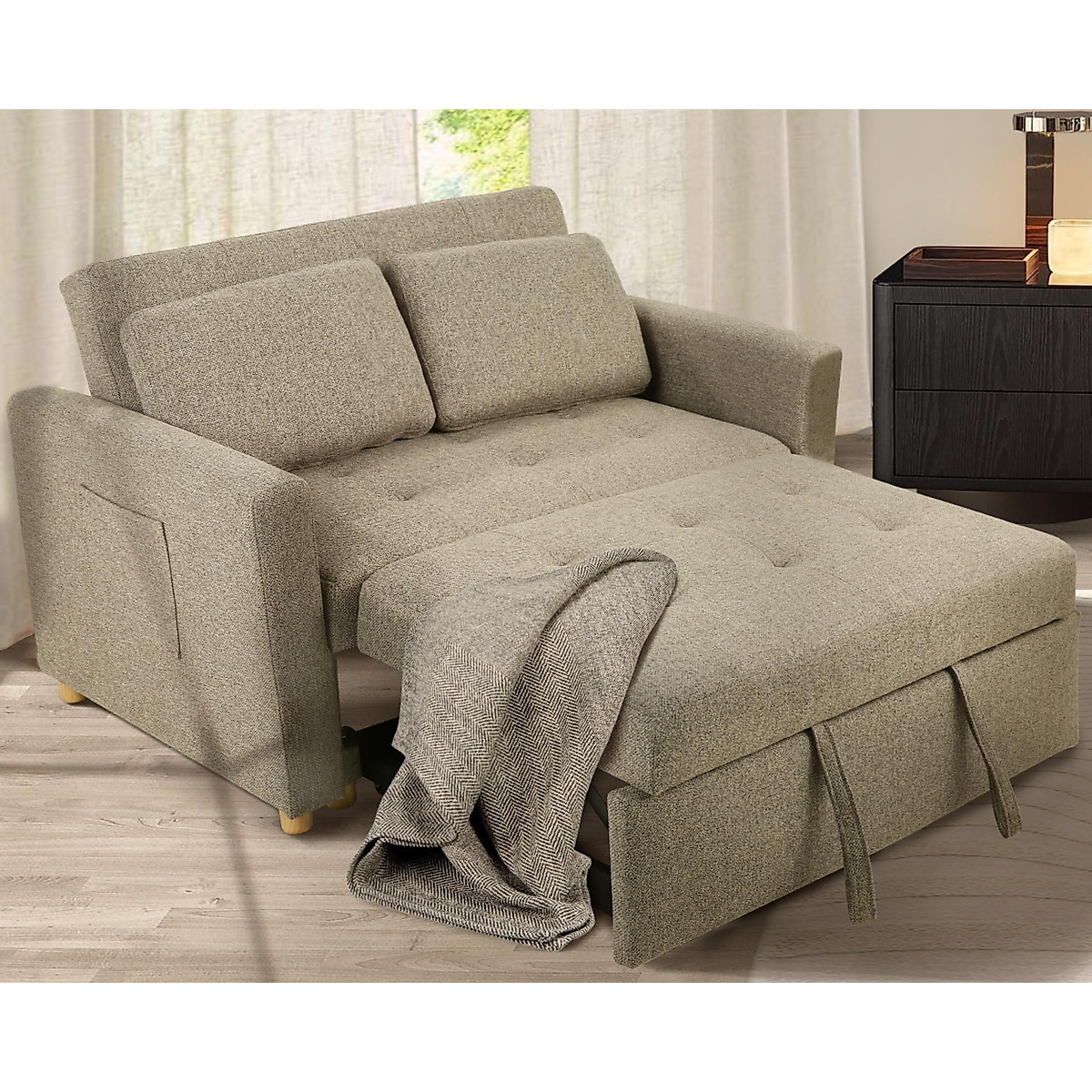 SEJOV 3-in-1 Convertible Sofa Bed, Linen Fabric Pull Out Couch Bed, Adjustable Backrest Futon Sofa Chair, Loveseat which Easy to Assembly, Sturdy Recliner for Living Room, Apartment, Brown Grey