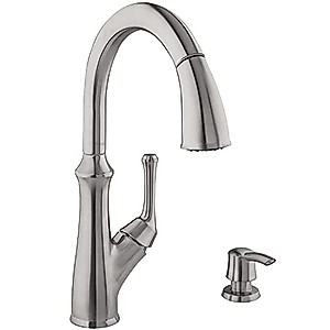 Pfister Tamera Kitchen Faucet with Pull Down Sprayer and Soap Dispenser, Single Handle, High Arc, Stainless Steel Finish, F5297TAS