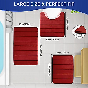 Memory Foam Bath Mat Set Bathroom Mat Set Ultra Soft 3 Piece Bathroom Rug Non Slip and Highly Absorbent Bathroom Floor Mat Machine Washable Toilet Mat（Burgundy, 17” X 24”+20” X 24”+20” X 32”)