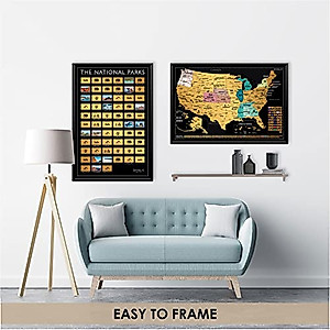 2 in 1 Gift Set - Scratch off US Map and 63 National Parks Poster - 24x16 Easy to Frame Scratchable United States of America Posters - Globetrotters Wall Map - Black and Gold Travel Tracker