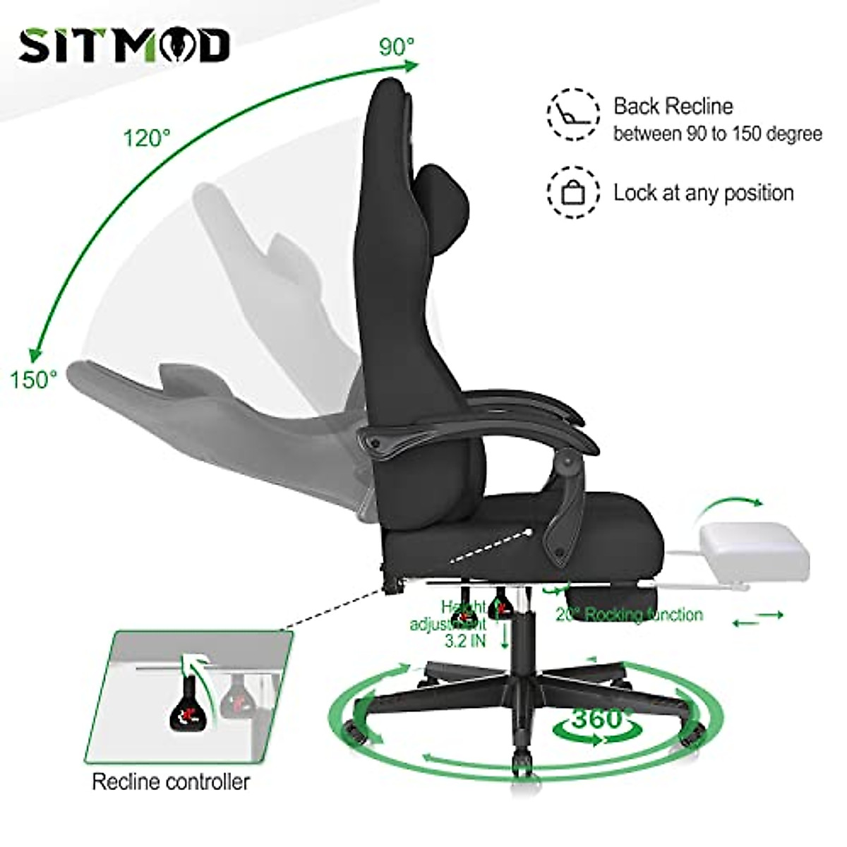 SITMOD Gaming Chair, Ergonomic Fabric Gaming Chair, Adjustable Computer Chair with Footrest and Lumbar Support, Reclining Gamer Chair PC Racing Chair Massage Office Gaming Chairs for Adult(Black)