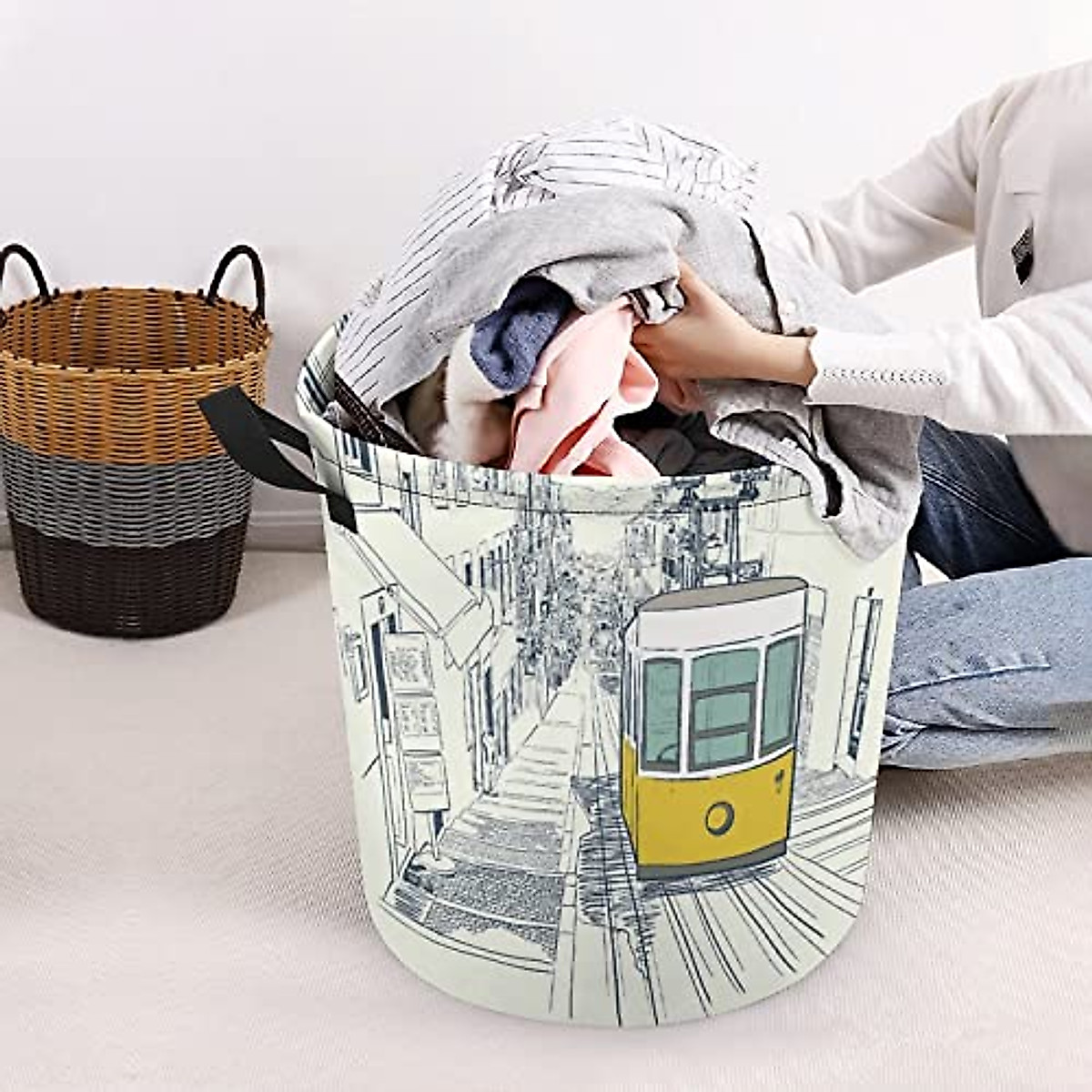 Quiet Street Tram in Lisbon Large Laundry Basket Hamper Bag Washing with Handles for College Dorm Portable
