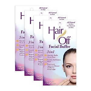 Hair Off Facial Buffer - Painless & Chemical Free Facial Hair Remover & Gentle Face Exfoliator - Hair Eraser to Slow Regrowth on Chin, Lip & Cheeks (3 Buffers Per Box, Pack of 4)