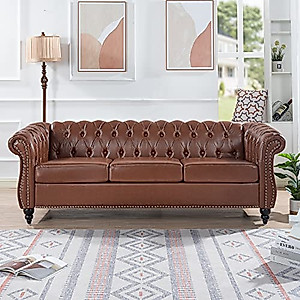 Melpomene Modern Faux Leather 3 Seater Couch Furniture, Button Classic Tufted Chesterfield Settee Sofa with Rolled Arm for Living Room(Brown)
