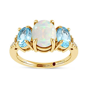 GEMVIO Collection Three Stone Design,Centre 6X8MM Oval Cut Natural Opal & 4X6MM Side Natural Swiss Blue Topaz With Diamond Accent Engagement Ring In 14K Yellow Gold Over Sterling Silver(2 Cttw)-7