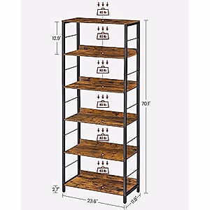VASAGLE 6-Tier Bookshelf, Bookcase for Office, 11.8 x 23.6 x 70.1 Inches, Shelving Unit, with Back Panels, Industrial Style, for Living Room, Study, Home Office, Rustic Brown and Black ULLS118B01