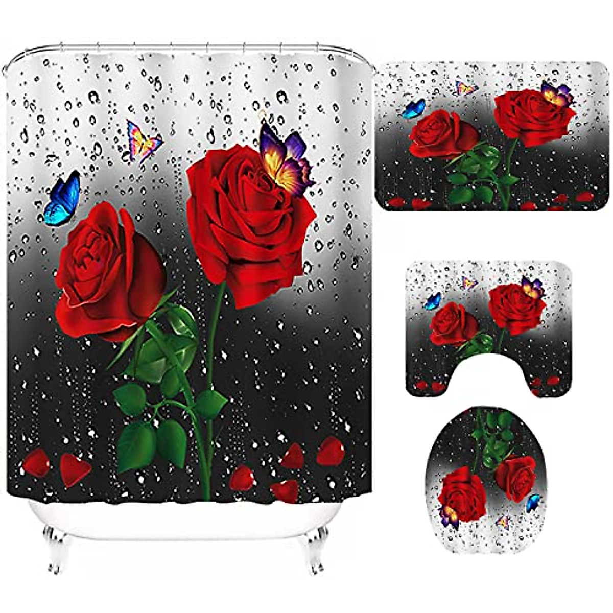 Red Rose Shower Curtain Sets with Non-Slip Rugs,Toilet Lid Cover and Bath Mats Rose Bathroom Sets with Rugs and Accessories Flower Shower Curtain for Bathroom Floral Bathroom Curtain Sets1-1