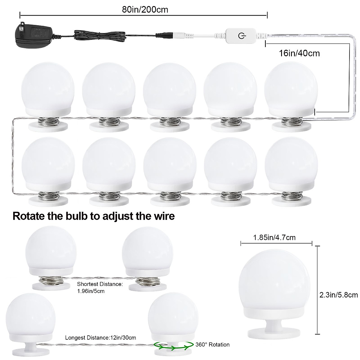 AIBOO LED Vanity Mirror Lights Kit, Stick on Dimmable Makeup Lights, 12V Mirror Lighting Strip Fixture for Vanity Dressing Table, Bedroom Wall Lights,CRI>90 (4000K Natural White,10 Bulbs)