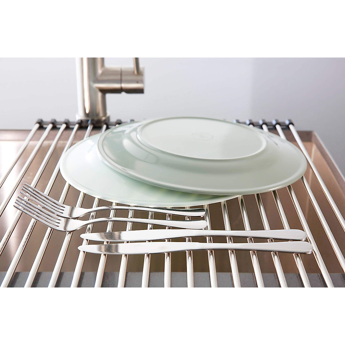 Breathe Essential (20.5" x 15.7" Roll Up Dish Drying Rack - Over The Sink Caddy for Kitchen Counter, Folding Dish Mat, Foldable Stainless Steel Trivet Accessories