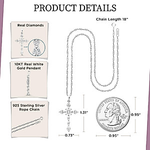 Jewelili Cross Necklace Pendant in 10K White and Yellow Gold with 1/2 CTTW Natural White Round and Baguette Diamonds 18" Rope Chain