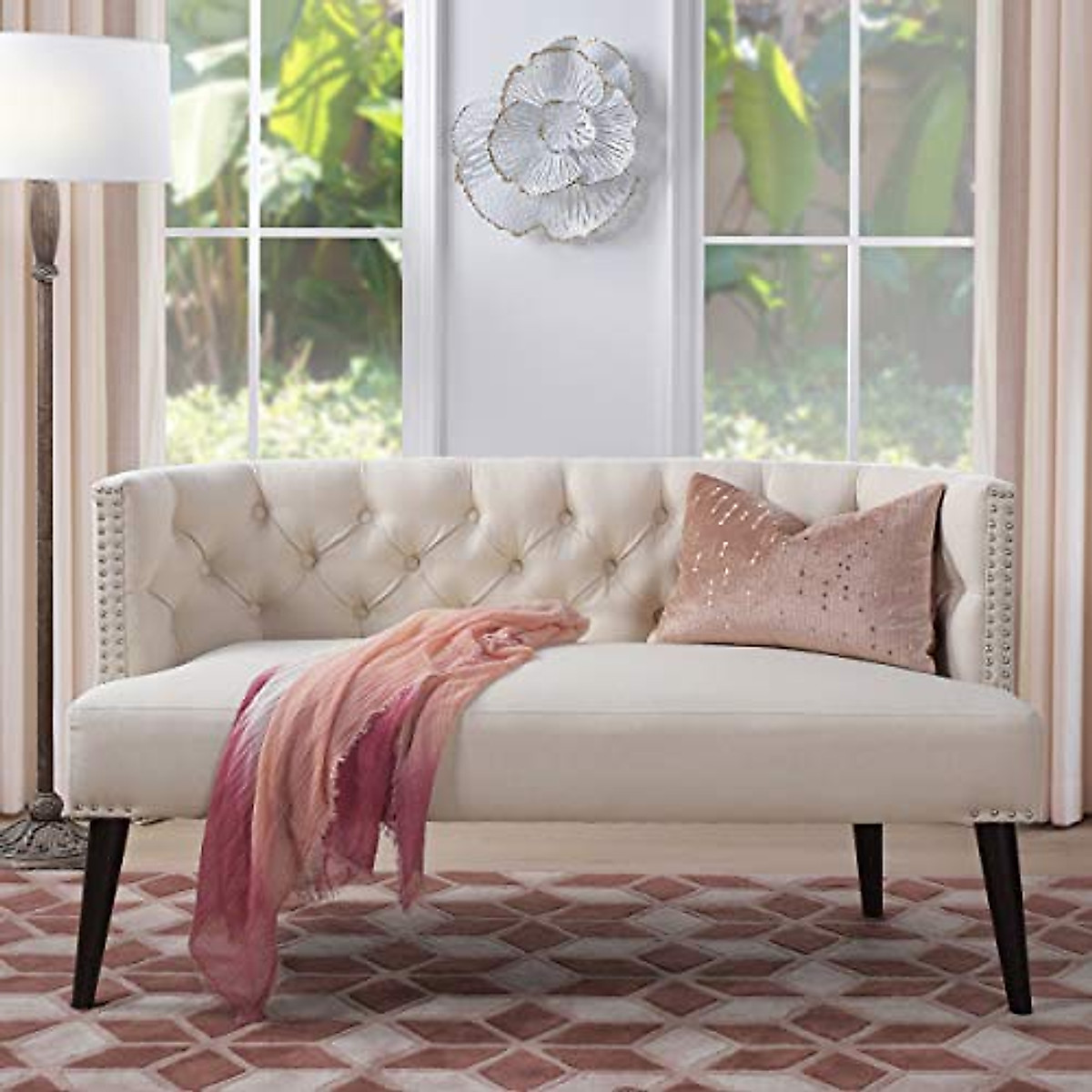 Jennifer Taylor Home Celine Tufted Settee Nailhead Accents, Sky Neutral Beige Polyester