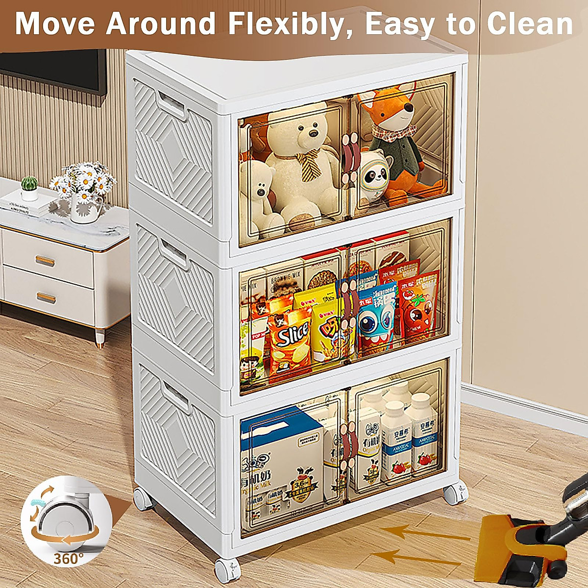 Jacriah Plastic Storage Bins with Lids, 4 Layer Collapsible Storage Bins with Doors,14.7 Gallon Folding Storage Boxes with Wheels for Closet Organizer, Stackable Home Cabinet Storage Bins with Handles