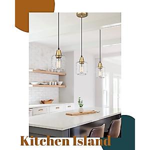 FOITTON Gold Pendant Light, Industrial Hanging Light Fixtures with Seeded Glass Shade, Adjustable Height, Farmhouse Pendant Lighting for Kitchen Island Dining Room-2 Pack
