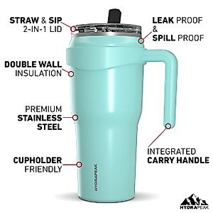 Hydrapeak Roadster 40oz Stainless Steel Tumbler Double Wall Vacuum Insulated Water Bottle With Handle And 2 in 1 Straw Lid (Aqua Gloss)