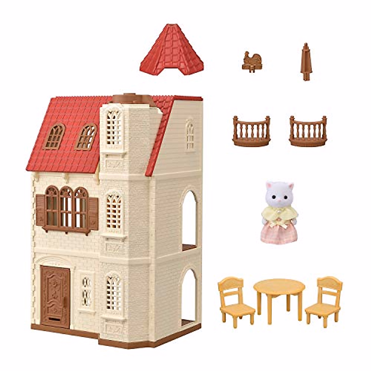 Calico Critters Red Roof Tower Home, 3 Story Dollhouse Playset with Figure, Furniture and Accessories