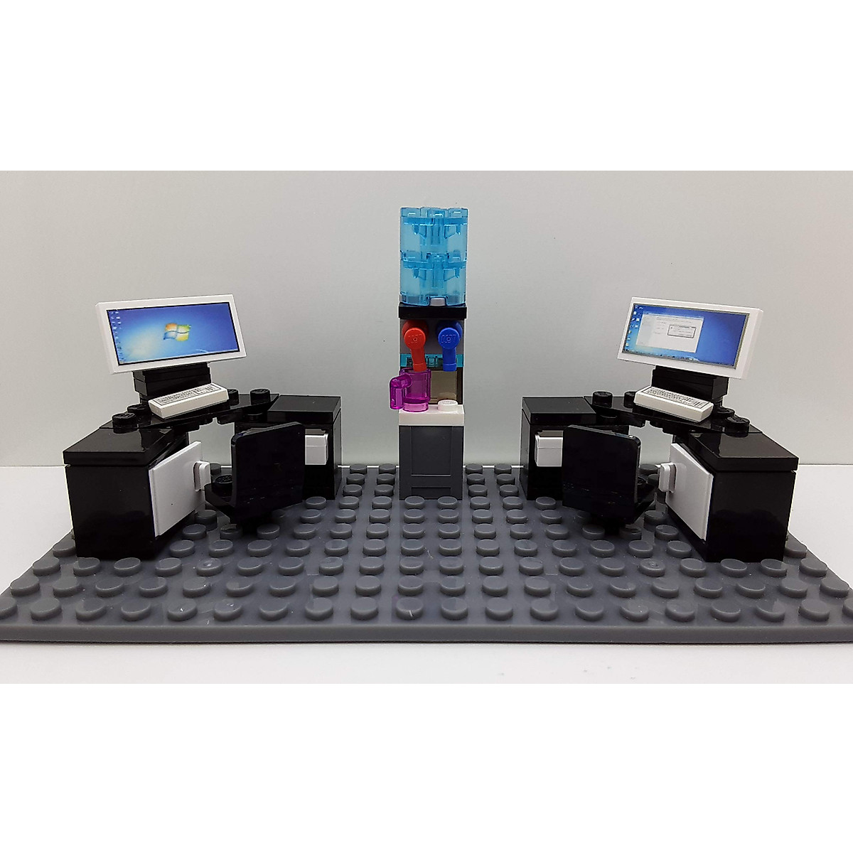 CUSTOM TOYS & HOBBIES INC Building Bricks Businessman Lawyer Full Office Setup 2 L Desks Keyboards Computers Water Cooler & Minifigure Miniature AFOL Holiday Birthday Gift for Kids