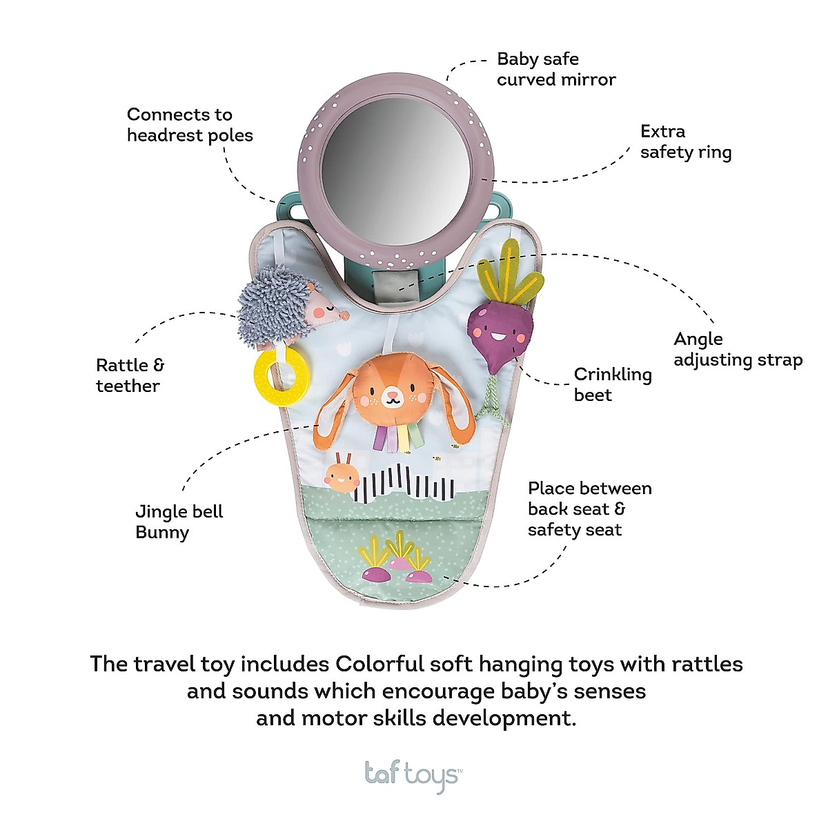 Taf Toys Infant Car Seat Development Center Newborn Baby Essentials Must Haves Toy, Car Seat Accessories Activity Center with Car Seat Mirror, for Newborn Toys 0 3 Months Brain Development