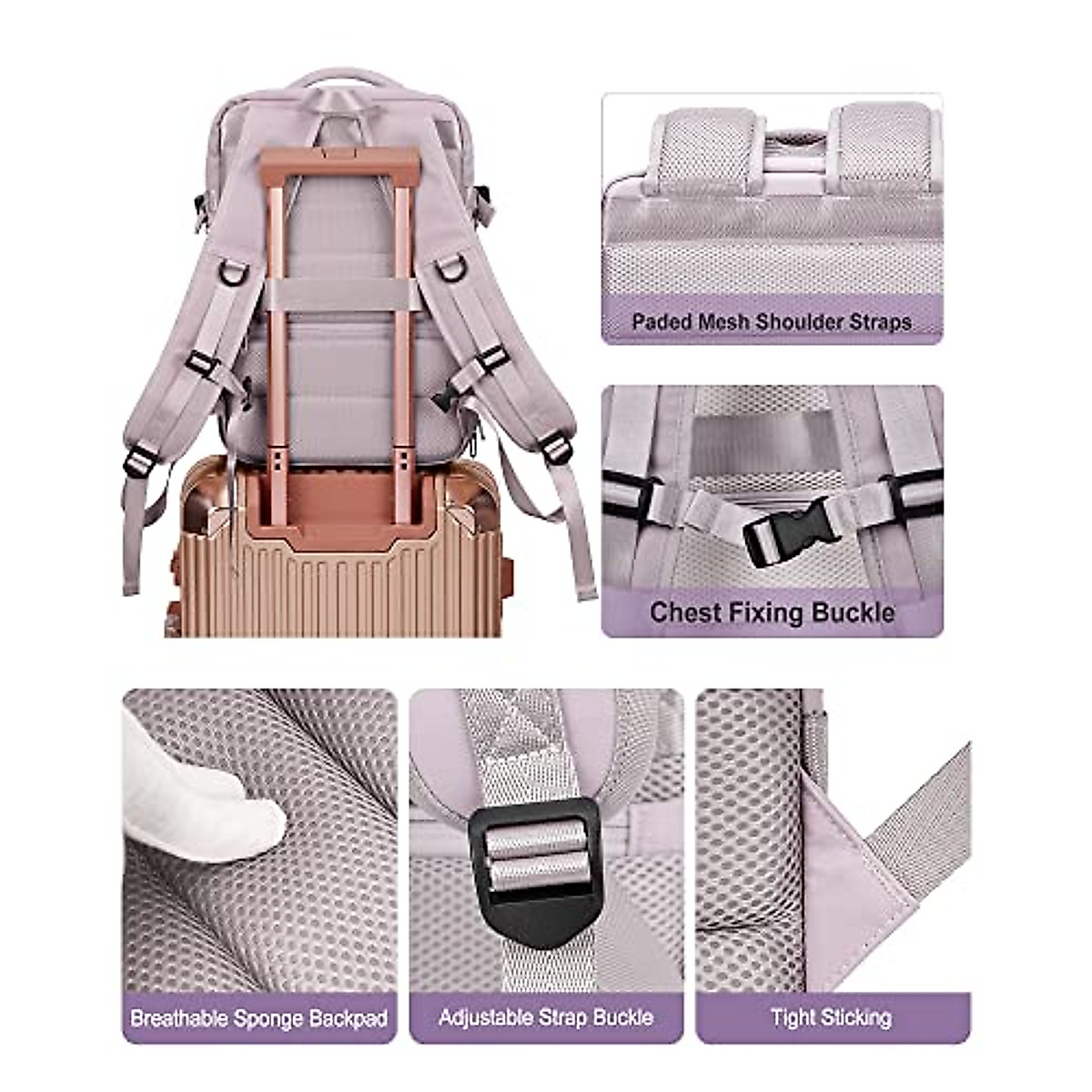 Large Travel Backpack for Women,Carry On Backpack,Expandable Airline Airplane Approved Weekender Backpack,Hiking Backpack,Laptop Backpack with USB Charging Port,Waterproof 40L Backpack, Lotus Pink