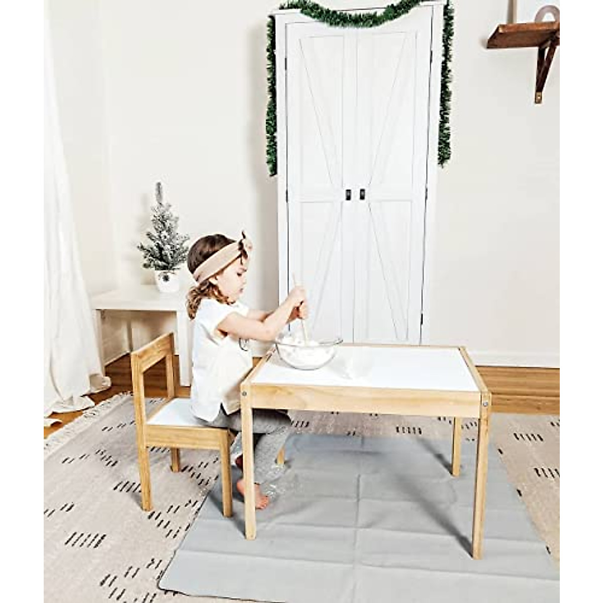 Vegan Leather High Chair Mat by Lark Baby Goods (40 x 40 in) - Waterproof Wipeable Splat Mat for Under High Chair - Baby High Chair Floor Mat for Splash and Spill Protection - Grey