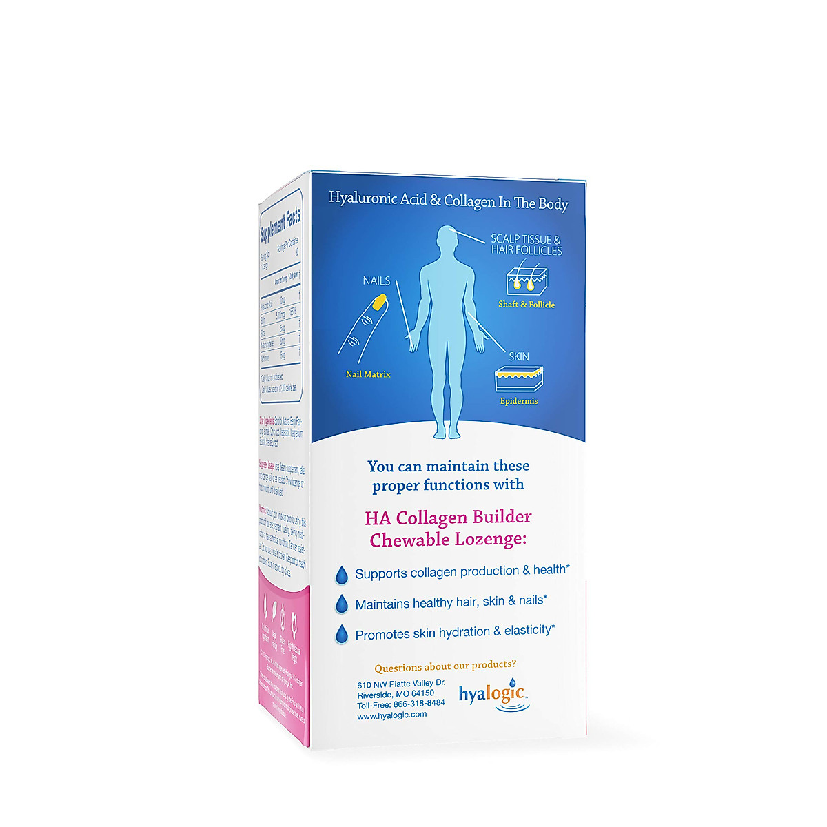 Hyalogic Hair Skin & Nails Hyaluronic Acid Collagen Builder – Delicious Berry Flavored Collagen Boost Chewable Lozenges – Sugar Free Vegan Collagen Ideal to Enhance Your Natural Beauty – 30 Count