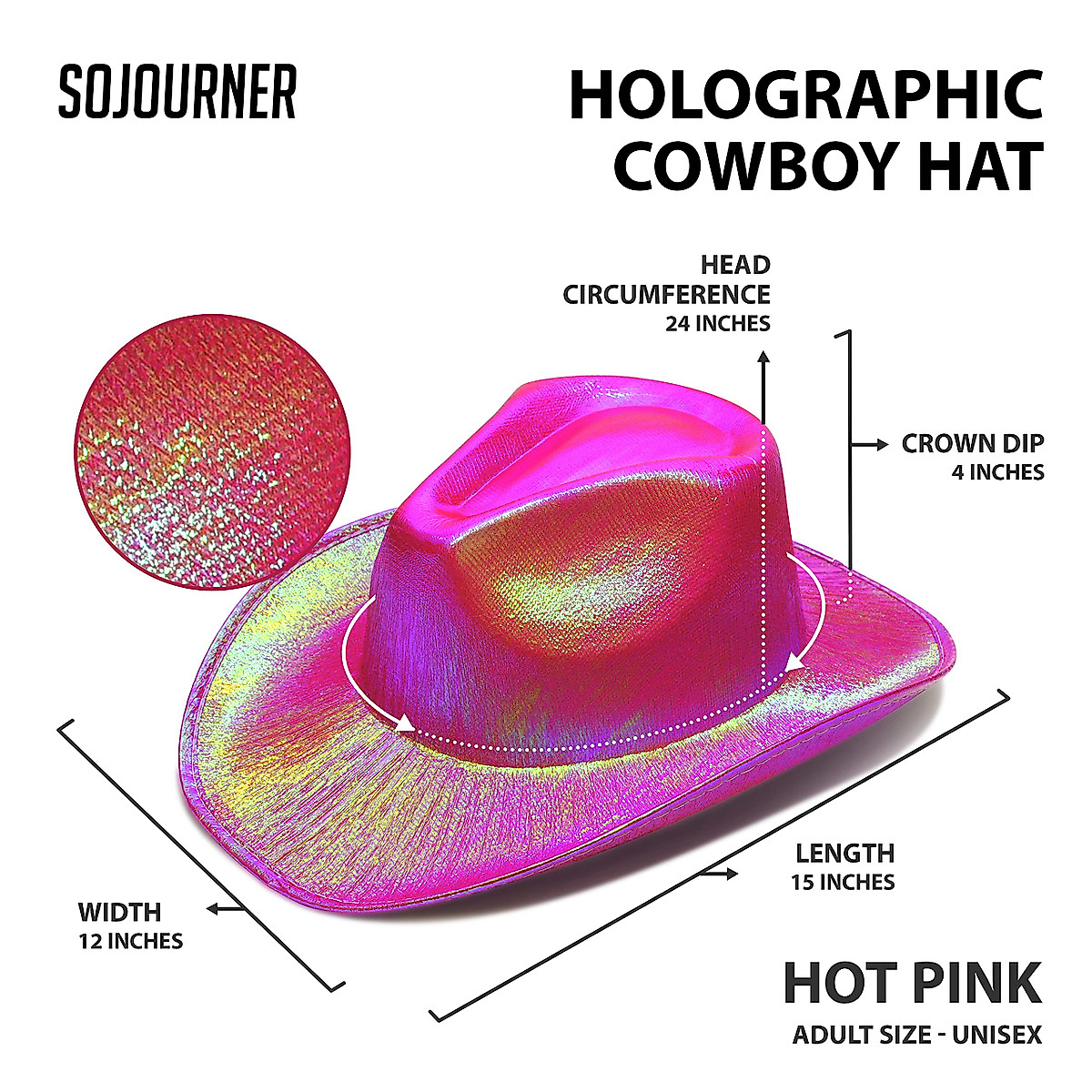 SoJourner Bags Neon Sparkly Glitter Space Cowboy Hat - Fun Metallic Purple Holographic Halloween Party Disco Cowgirl Hat for Birthday & Bachelorette