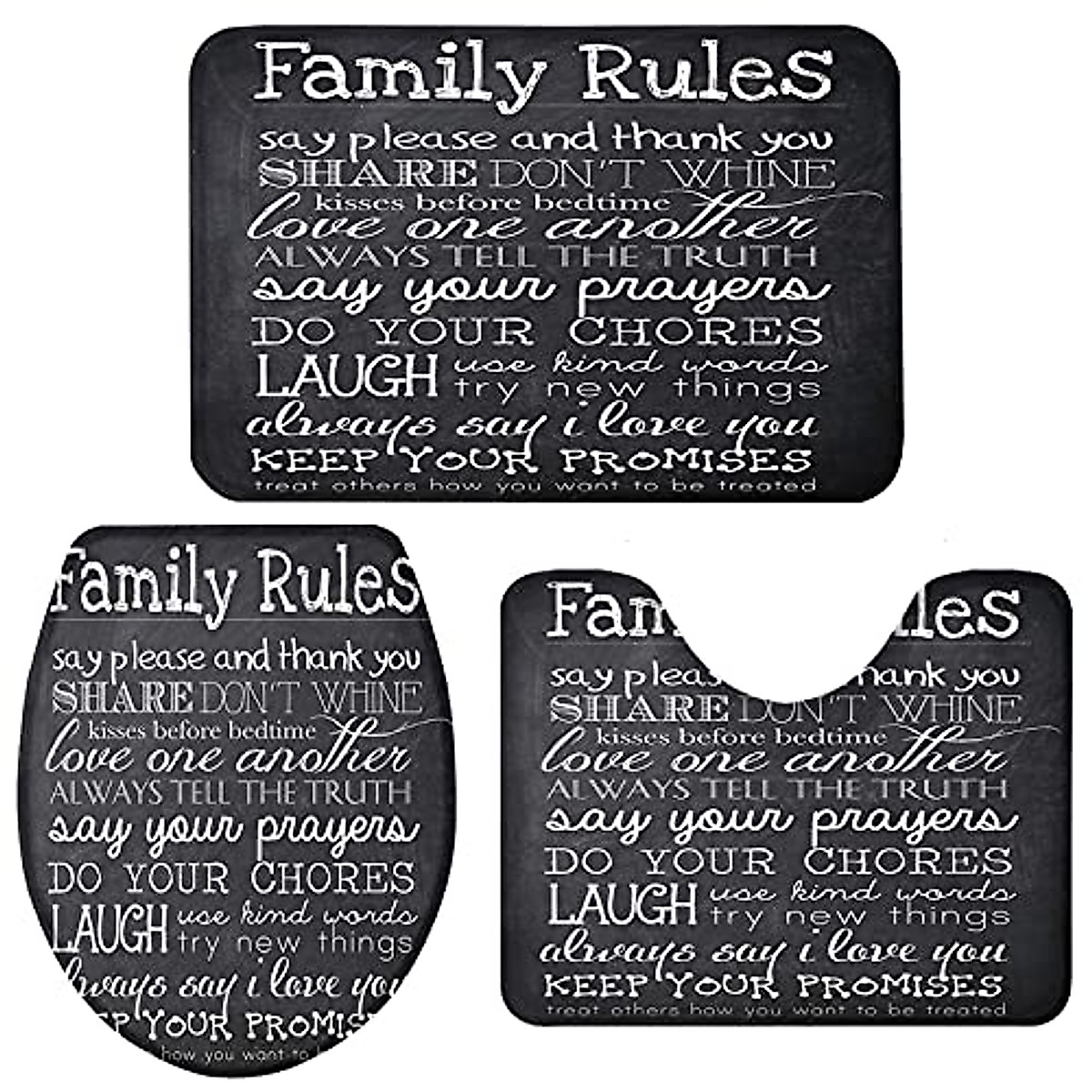 Apular Fashion 3 Piece Bath Rugs Set Family Rules Black White Non Slip Ultra Soft Bathroom Accessories Mats, U Shape Mat and Toilet Lid Cover Mat Bath Mats