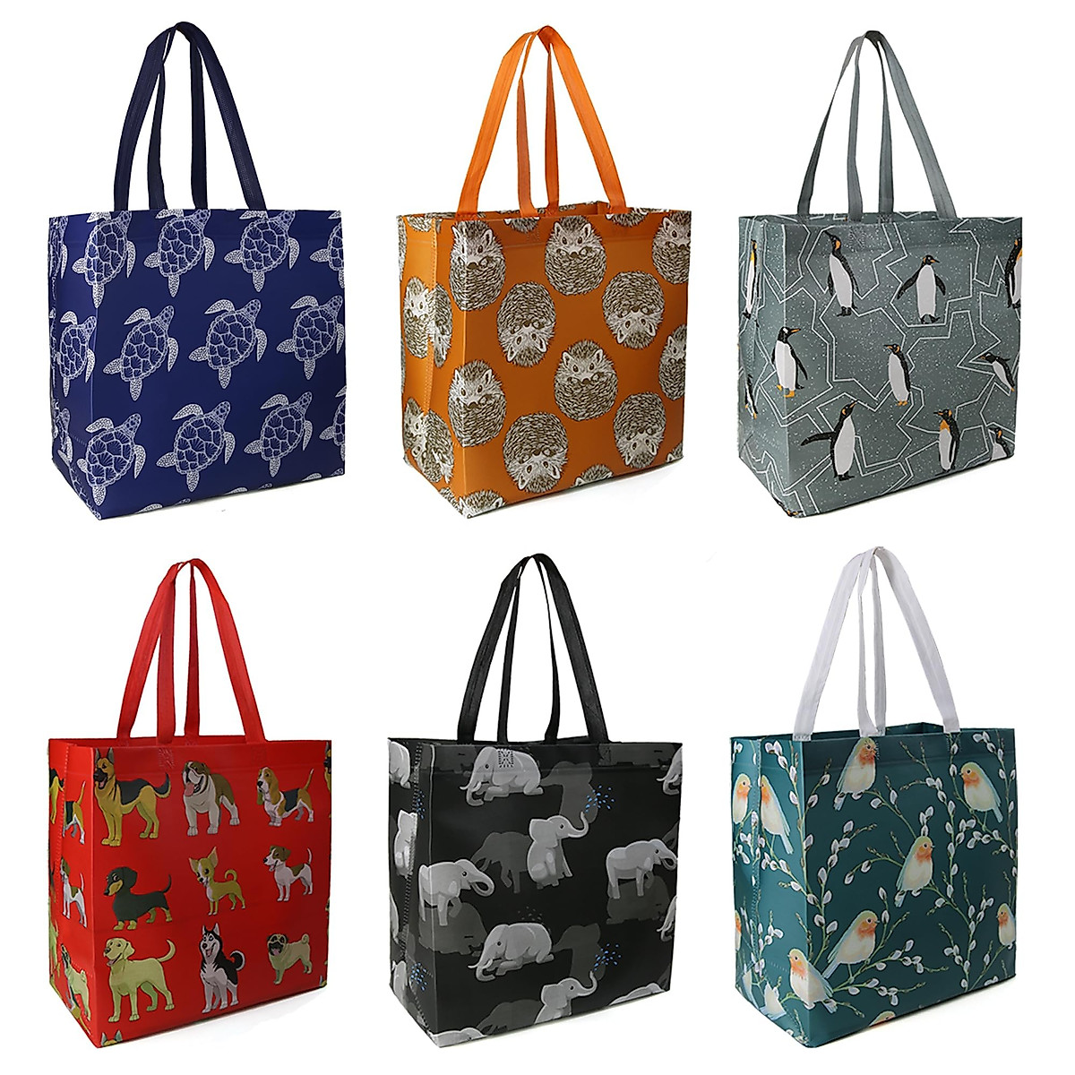 BeeGreen Reusable Grocery Bags Set of 6 Lightweight Recycling Shopping Totes with Long Handle Durable Portable Shopper Baggies for Groceries Supermarket Gift Cute Animal Grey Red Navy Black Green