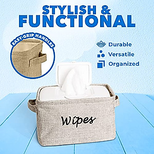Dejaroo - Baskets for Organizing Wipes and Newborn Essentials, Diaper and Wipes Organizer, Embroidered Baby Shower Gifts for Moms, Linen Basket with Handle, 9 x 6 x 5.5 Inches, Grey
