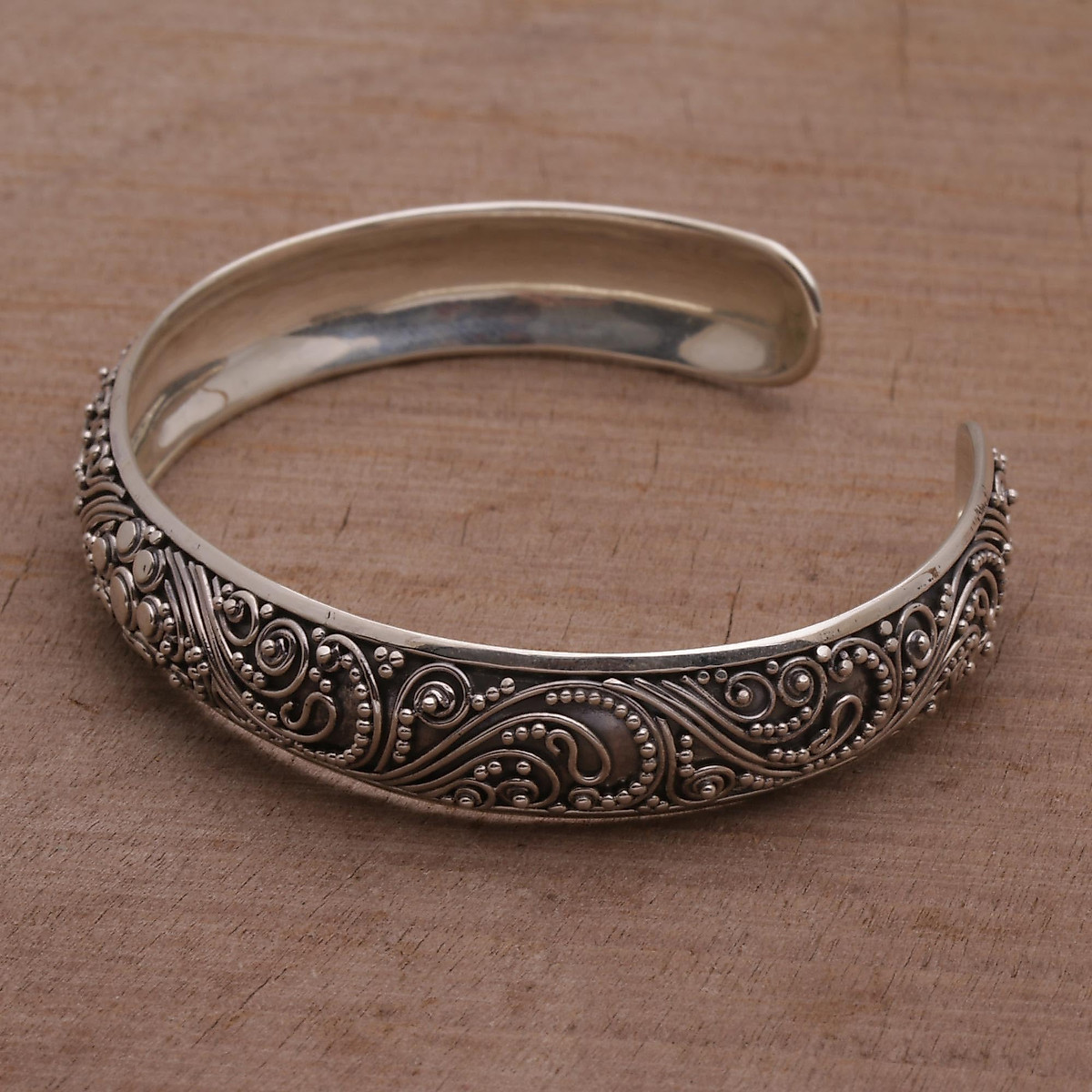 NOVICA Artisan Handmade Sterling Silver Cuff Bracelet Swirl Motif from Bali No Stone Indonesia [6 in L (end to End) x 0.4 in W] ' Shrine Swirls'