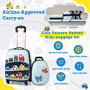 HONEY JOY Kids Luggage, 12" Toddler Backpack & 16" Travel Suitcase with Wheels, Lightweight Toddler Girls Suitcase, Durable ABS Hardshell, 2Pcs Carry On Luggage Set for Boys Girls(Car)