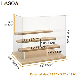 LASOA 4 Tier Acrylic Display Case for Collectibles, Alternative Glass Display Box with Wood Base and Lid, Self-Assembly Clear Shelf Showcase for Figurine Memorabilia (11.8x8.9x11inch; 30x22.5x28cm)