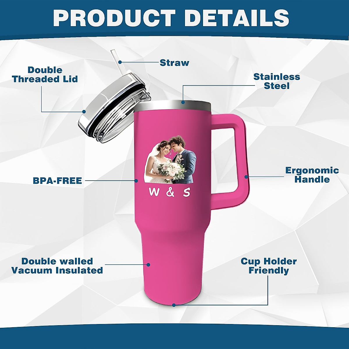 Personalized 41oz Photo Tumbler with Handle & Straw Lid Custom Coffee Tumbler Stainless Steel Travel Mugs,Customized Picture Water Bottle for Woman Man Birthday Halloween Personalized Gifts