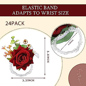 Sherr 24 Pieces Wine Red Wrist Corsage Wristlet Band for Bridal Bridesmaid Girls Women Red Rose Bracelets Wedding Artificial Wrist Corsages Burgundy Rose Hand Flower for Prom Wedding Engagement